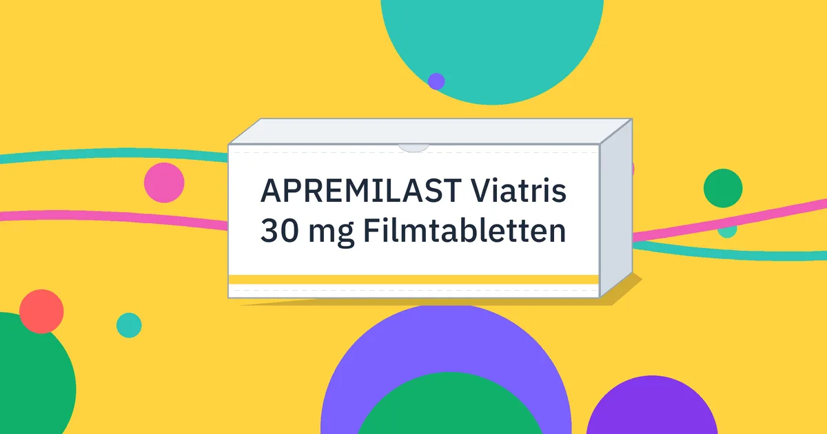 Symbolbild: Packung mit der Aufschrift APREMILAST Viatris 30 mg Filmtabletten (PZN 19995824) – Verfügbarkeit und Bezug in Apotheken in Frankfurt am Main