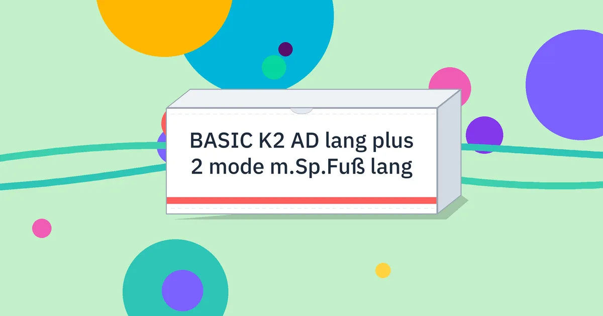 Symbolbild: Packung mit der Aufschrift BASIC K2 AD lang plus 2 mode m.Sp.Fuß lang (PZN 20264209) – Verfügbarkeit und Bezug in Apotheken in Frankfurt am Main