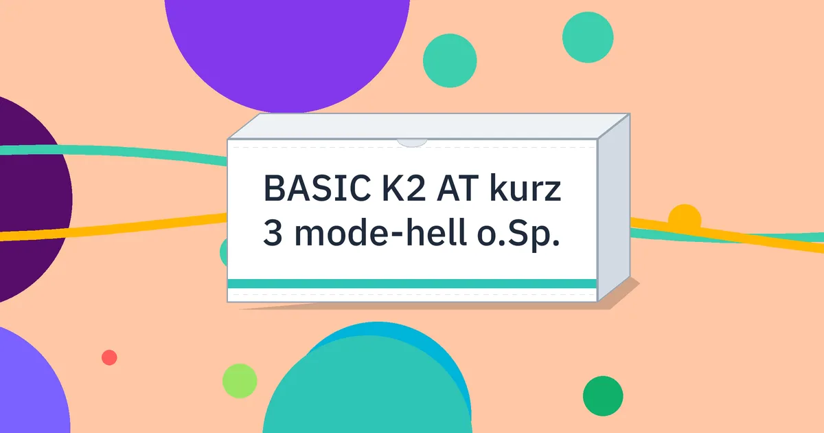 Symbolbild: Packung mit der Aufschrift BASIC K2 AT kurz 3 mode-hell o.Sp. (PZN 20269201) – Verfügbarkeit und Bezug in Apotheken in Frankfurt am Main