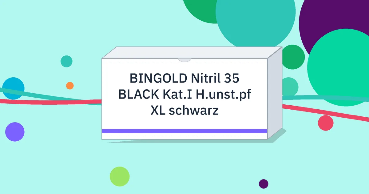 Symbolbild: Packung mit der Aufschrift BINGOLD Nitril 35 BLACK Kat.I H.unst.pf XL schwarz (PZN 19472500) – Verfügbarkeit und Bezug in Apotheken in Frankfurt am Main