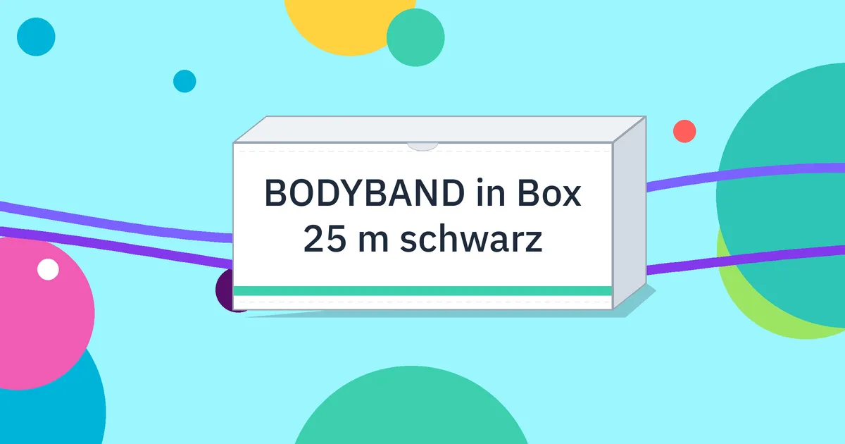 Symbolbild: Packung mit der Aufschrift BODYBAND in Box 25 m schwarz (PZN 10076613) – Verfügbarkeit und Bezug in Apotheken in Frankfurt am Main
