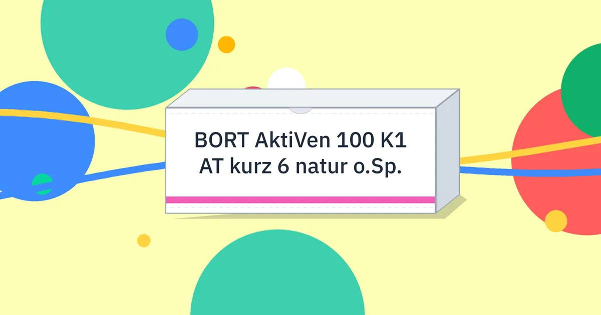 Symbolbild: Packung mit der Aufschrift BORT AktiVen 100 K1 AT kurz 6 natur o.Sp. (PZN 13736375) – Verfügbarkeit und Bezug in Apotheken in Frankfurt am Main