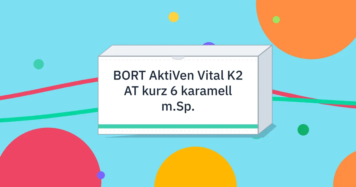 Symbolbild: Packung mit der Aufschrift BORT AktiVen Vital K2 AT kurz 6 karamell m.Sp. (PZN 13737883) – Verfügbarkeit und Bezug in Apotheken in Frankfurt am Main