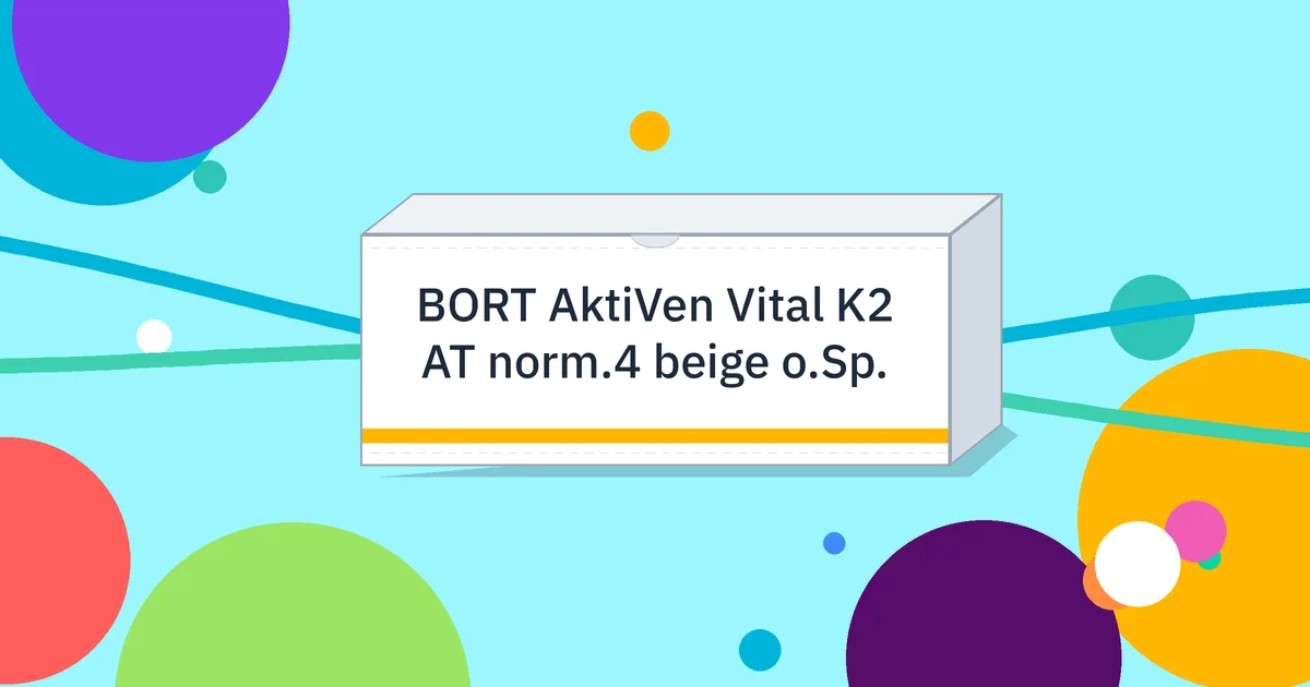 Symbolbild: Packung mit der Aufschrift BORT AktiVen Vital K2 AT norm.4 beige o.Sp. (PZN 13738954) – Verfügbarkeit und Bezug in Apotheken in Frankfurt am Main