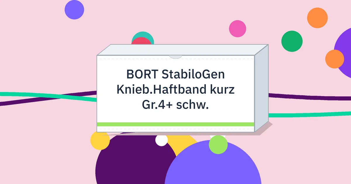 Symbolbild: Packung mit der Aufschrift BORT StabiloGen Knieb.Haftband kurz Gr.4+ schw. (PZN 19634842) – Verfügbarkeit und Bezug in Apotheken in Frankfurt am Main