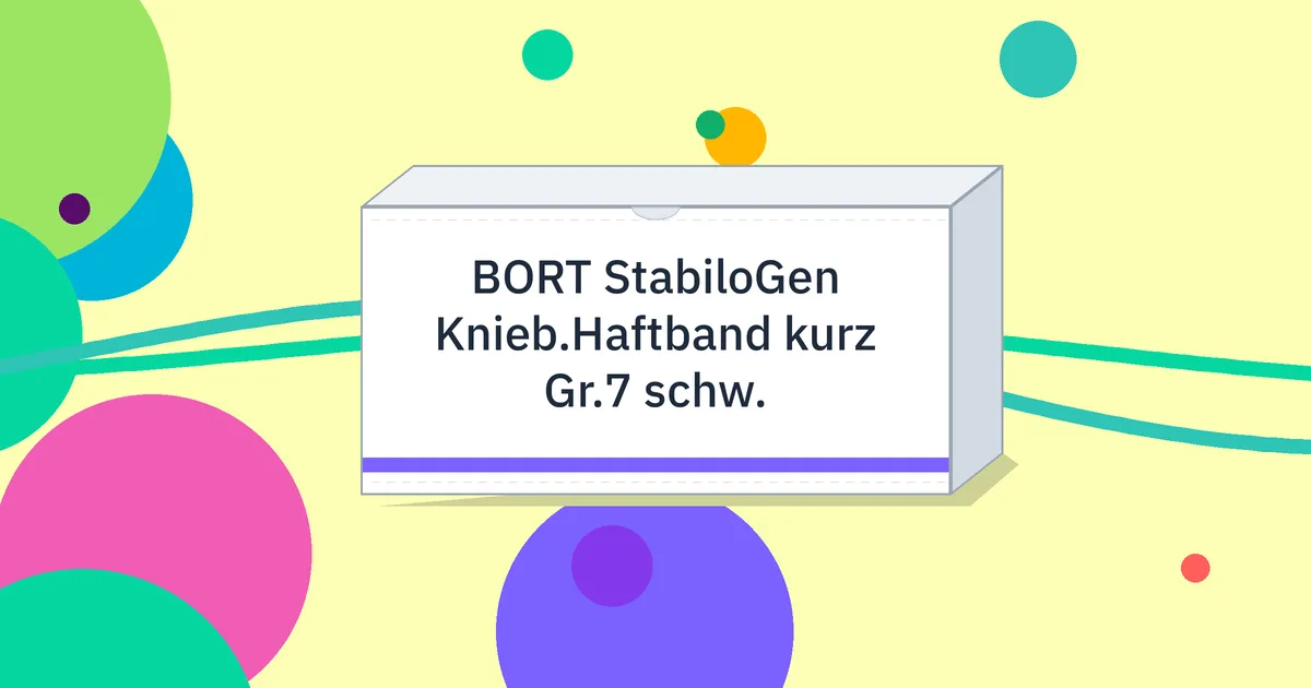Symbolbild: Packung mit der Aufschrift BORT StabiloGen Knieb.Haftband kurz Gr.7 schw. (PZN 19634888) – Verfügbarkeit und Bezug in Apotheken in Frankfurt am Main