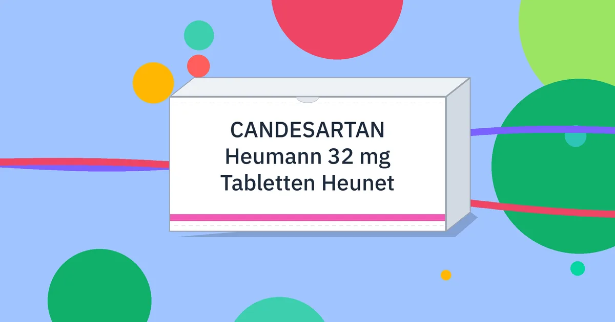 Symbolbild: Packung mit der Aufschrift CANDESARTAN Heumann 32 mg Tabletten Heunet (PZN 14211597) – Verfügbarkeit und Bezug in Apotheken in Frankfurt am Main