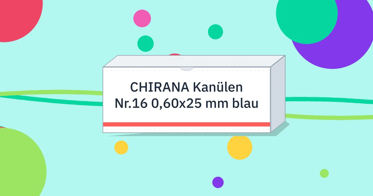 Symbolbild: Packung mit der Aufschrift CHIRANA Kanülen Nr.16 0,60x25 mm blau (PZN 11609023) – Verfügbarkeit und Bezug in Apotheken in Frankfurt am Main