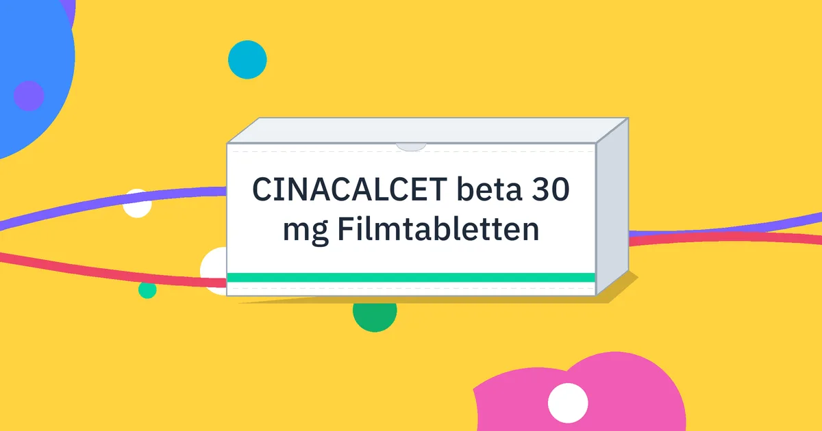 Symbolbild: Packung mit der Aufschrift CINACALCET beta 30 mg Filmtabletten (PZN 15781339) – Verfügbarkeit und Bezug in Apotheken in Frankfurt am Main