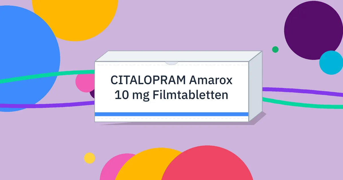 Symbolbild: Packung mit der Aufschrift CITALOPRAM Amarox 10 mg Filmtabletten (PZN 17907454) – Verfügbarkeit und Bezug in Apotheken in Frankfurt am Main