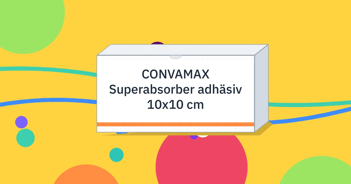 Symbolbild: Packung mit der Aufschrift CONVAMAX Superabsorber adhäsiv 10x10 cm (PZN 19294122) – Verfügbarkeit und Bezug in Apotheken in Frankfurt am Main