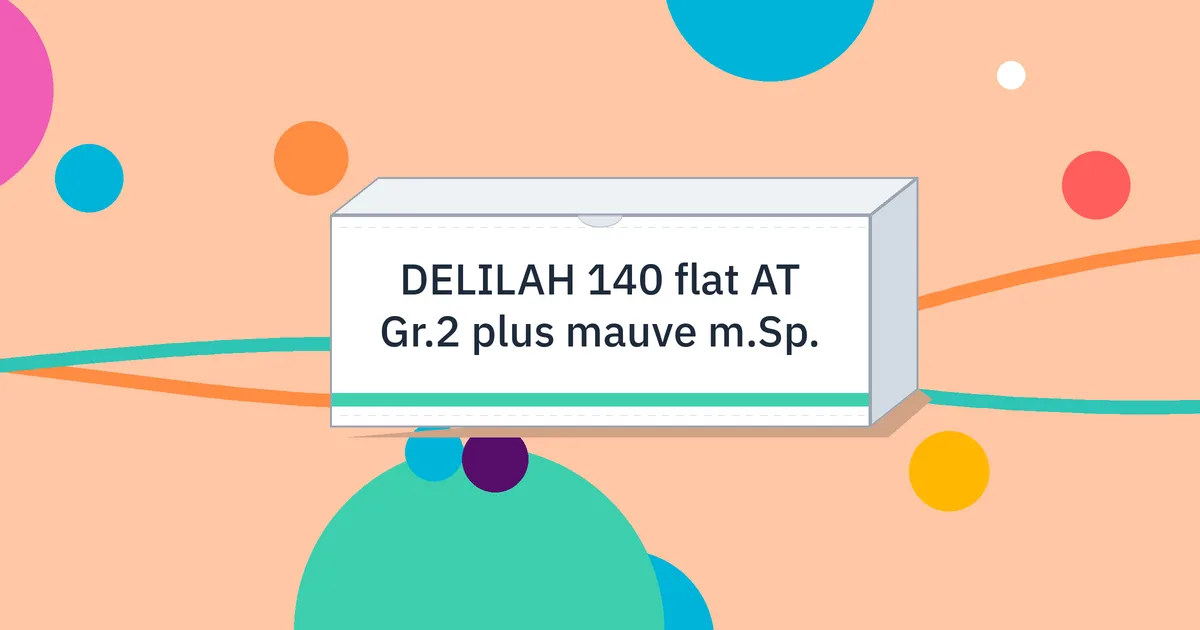 Symbolbild: Packung mit der Aufschrift DELILAH 140 flat AT Gr.2 plus mauve m.Sp. (PZN 14247951) – Verfügbarkeit und Bezug in Apotheken in Frankfurt am Main