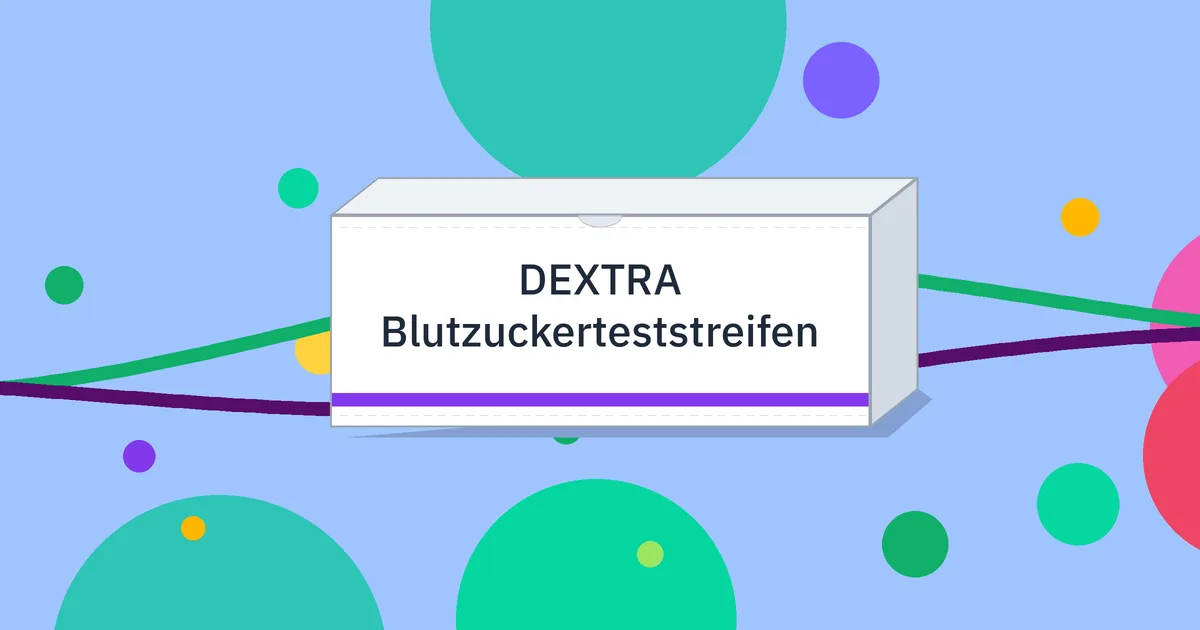 Symbolbild: Packung mit der Aufschrift DEXTRA Blutzuckerteststreifen (PZN 10187198) – Verfügbarkeit und Bezug in Apotheken in Frankfurt am Main