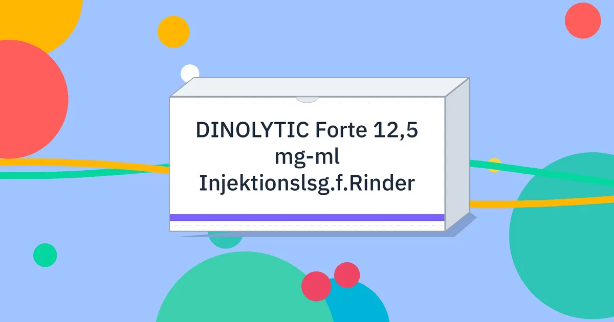 Symbolbild: Packung mit der Aufschrift DINOLYTIC Forte 12,5 mg-ml Injektionslsg.f.Rinder (PZN 12672785) – Verfügbarkeit und Bezug in Apotheken in Frankfurt am Main