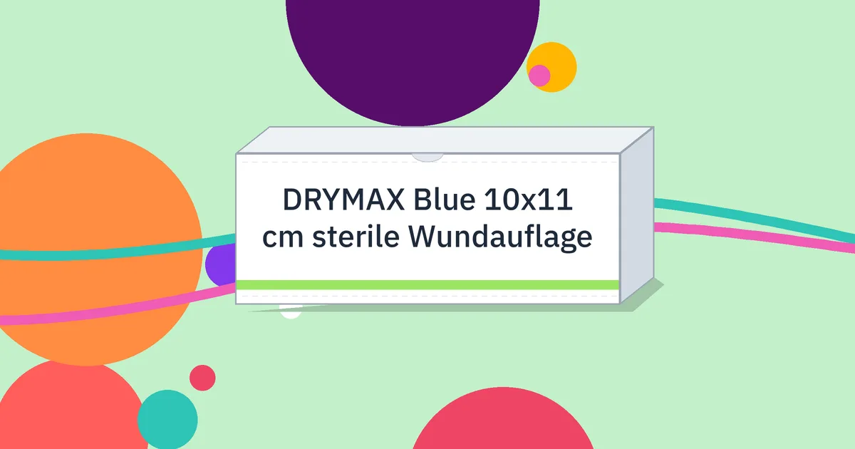 Symbolbild: Packung mit der Aufschrift DRYMAX Blue 10x11 cm sterile Wundauflage (PZN 18683034) – Verfügbarkeit und Bezug in Apotheken in Frankfurt am Main