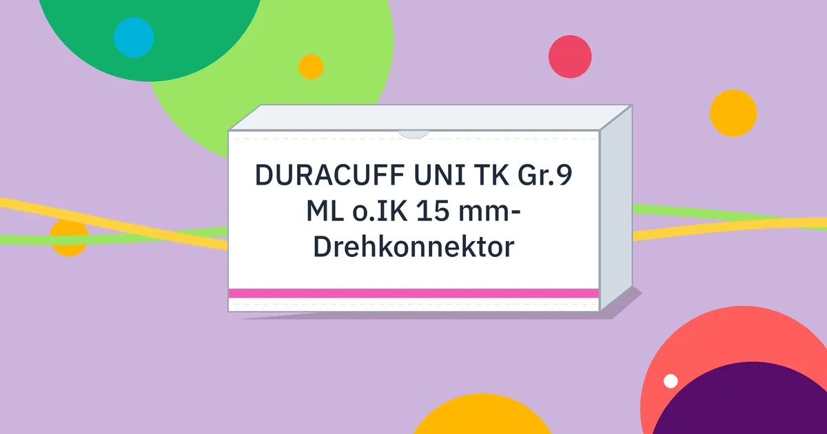 Symbolbild: Packung mit der Aufschrift DURACUFF UNI TK Gr.9 ML o.IK 15 mm-Drehkonnektor (PZN 04960978) – Verfügbarkeit und Bezug in Apotheken in Frankfurt am Main
