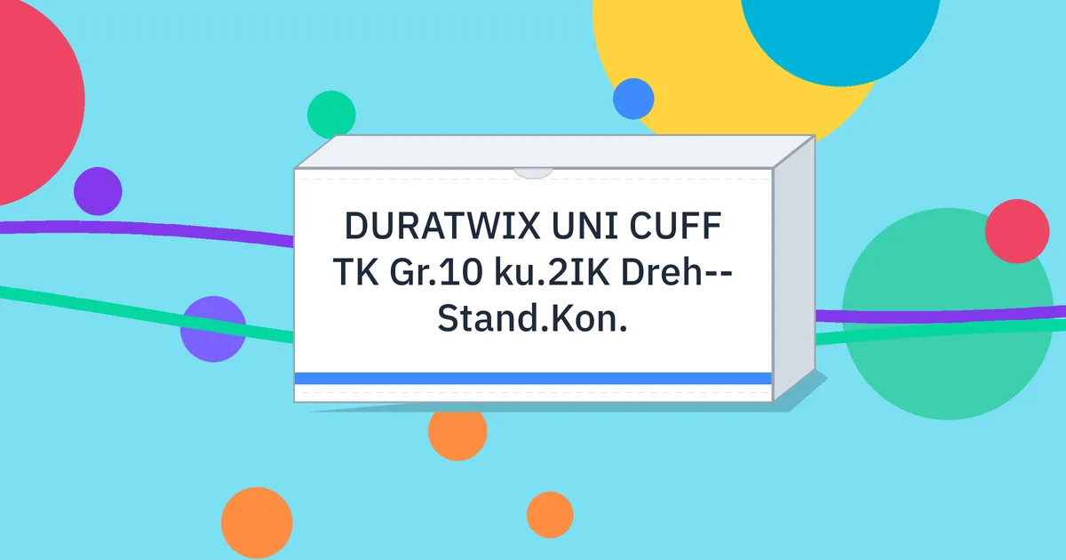 Symbolbild: Packung mit der Aufschrift DURATWIX UNI CUFF TK Gr.10 ku.2IK Dreh--Stand.Kon. (PZN 06965862) – Verfügbarkeit und Bezug in Apotheken in Frankfurt am Main
