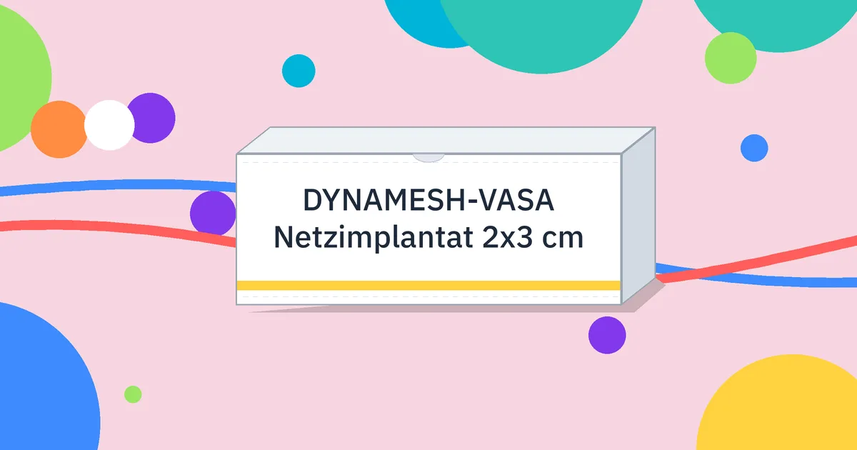 Symbolbild: Packung mit der Aufschrift DYNAMESH-VASA Netzimplantat 2x3 cm (PZN 19390038) – Verfügbarkeit und Bezug in Apotheken in Frankfurt am Main