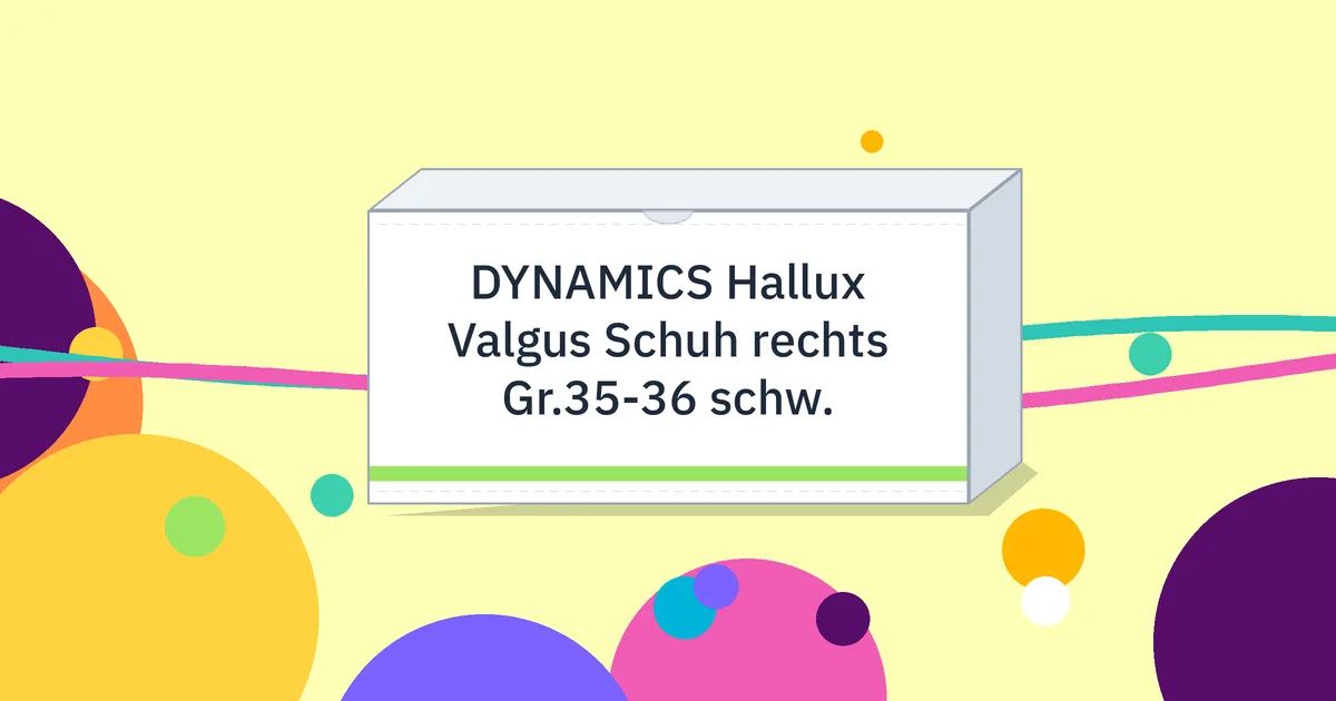 Symbolbild: Packung mit der Aufschrift DYNAMICS Hallux Valgus Schuh rechts Gr.35-36 schw. (PZN 10632511) – Verfügbarkeit und Bezug in Apotheken in Frankfurt am Main