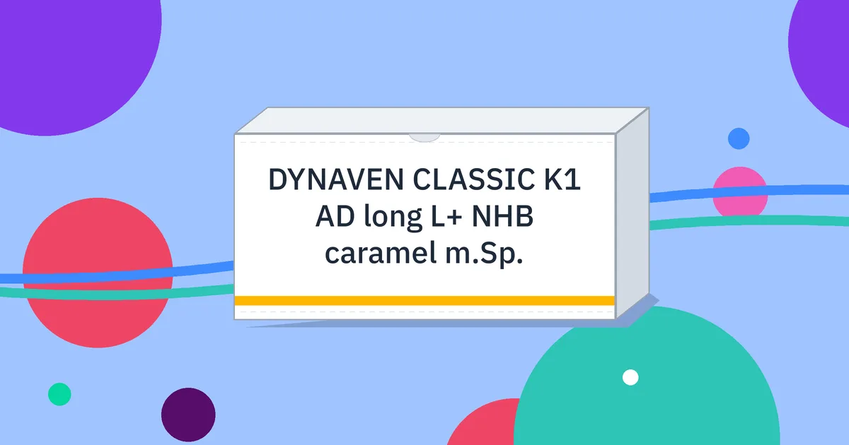 Symbolbild: Packung mit der Aufschrift DYNAVEN CLASSIC K1 AD long L+ NHB caramel m.Sp. (PZN 18415291) – Verfügbarkeit und Bezug in Apotheken in Frankfurt am Main