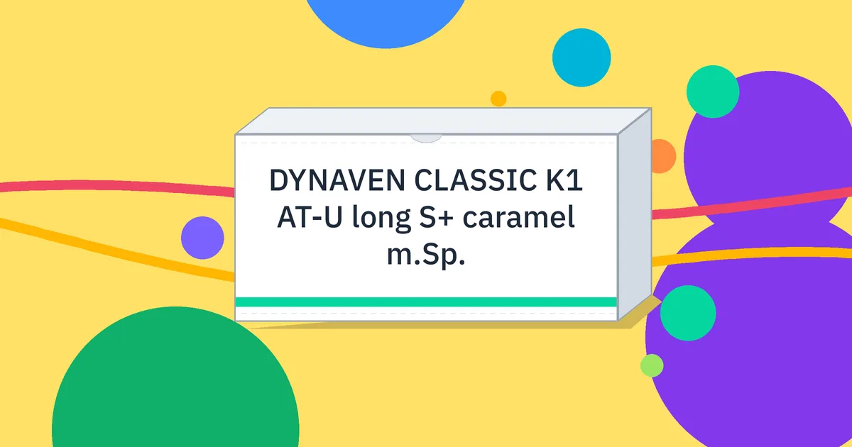 Symbolbild: Packung mit der Aufschrift DYNAVEN CLASSIC K1 AT-U long S+ caramel m.Sp. (PZN 18417019) – Verfügbarkeit und Bezug in Apotheken in Frankfurt am Main