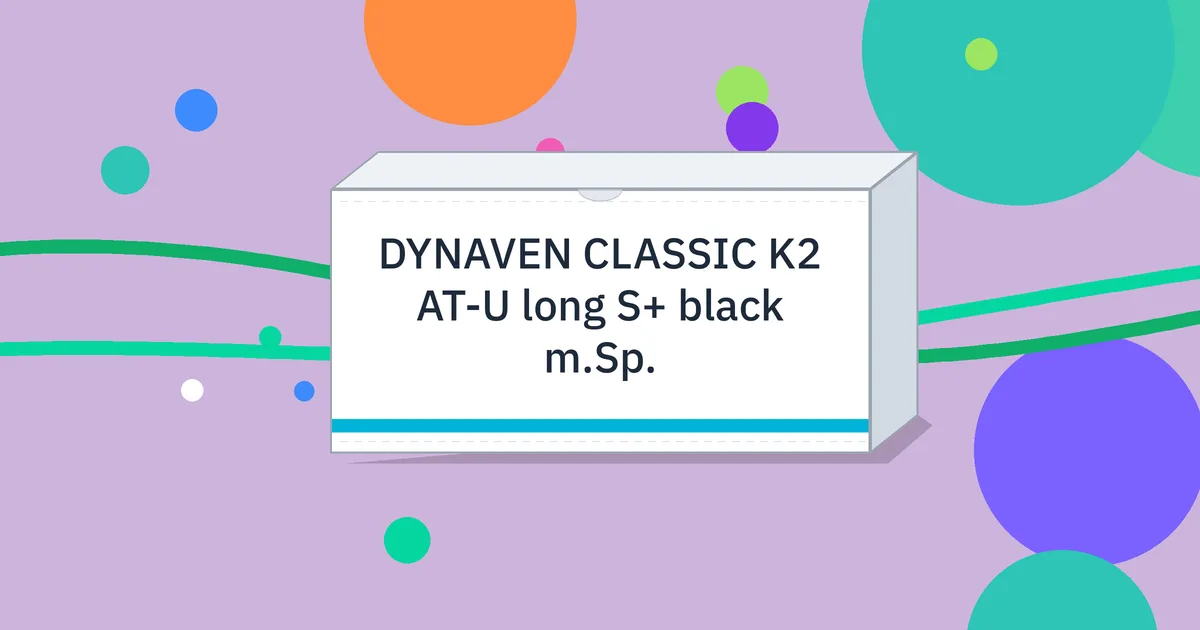 Symbolbild: Packung mit der Aufschrift DYNAVEN CLASSIC K2 AT-U long S+ black m.Sp. (PZN 18419811) – Verfügbarkeit und Bezug in Apotheken in Frankfurt am Main