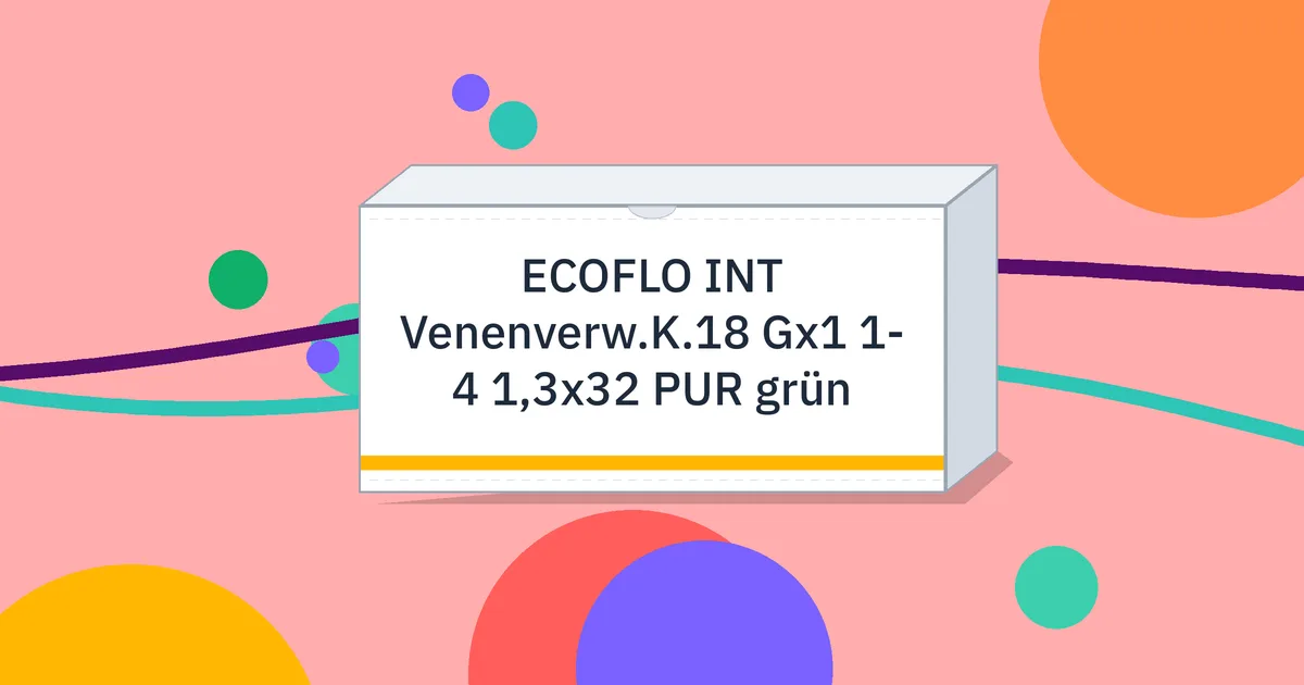 Symbolbild: Packung mit der Aufschrift ECOFLO INT Venenverw.K.18 Gx1 1-4 1,3x32 PUR grün (PZN 02451362) – Verfügbarkeit und Bezug in Apotheken in Frankfurt am Main