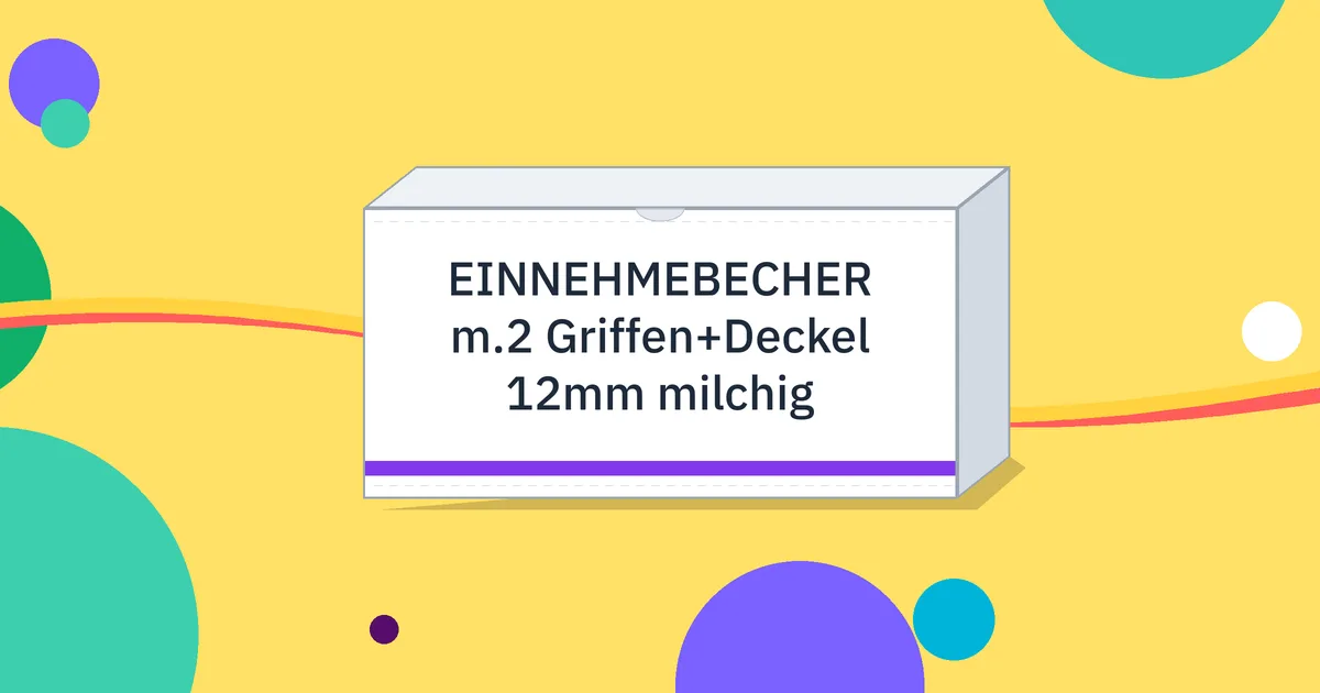 Symbolbild: Packung mit der Aufschrift EINNEHMEBECHER m.2 Griffen+Deckel 12mm milchig (PZN 01349963) – Verfügbarkeit und Bezug in Apotheken in Frankfurt am Main