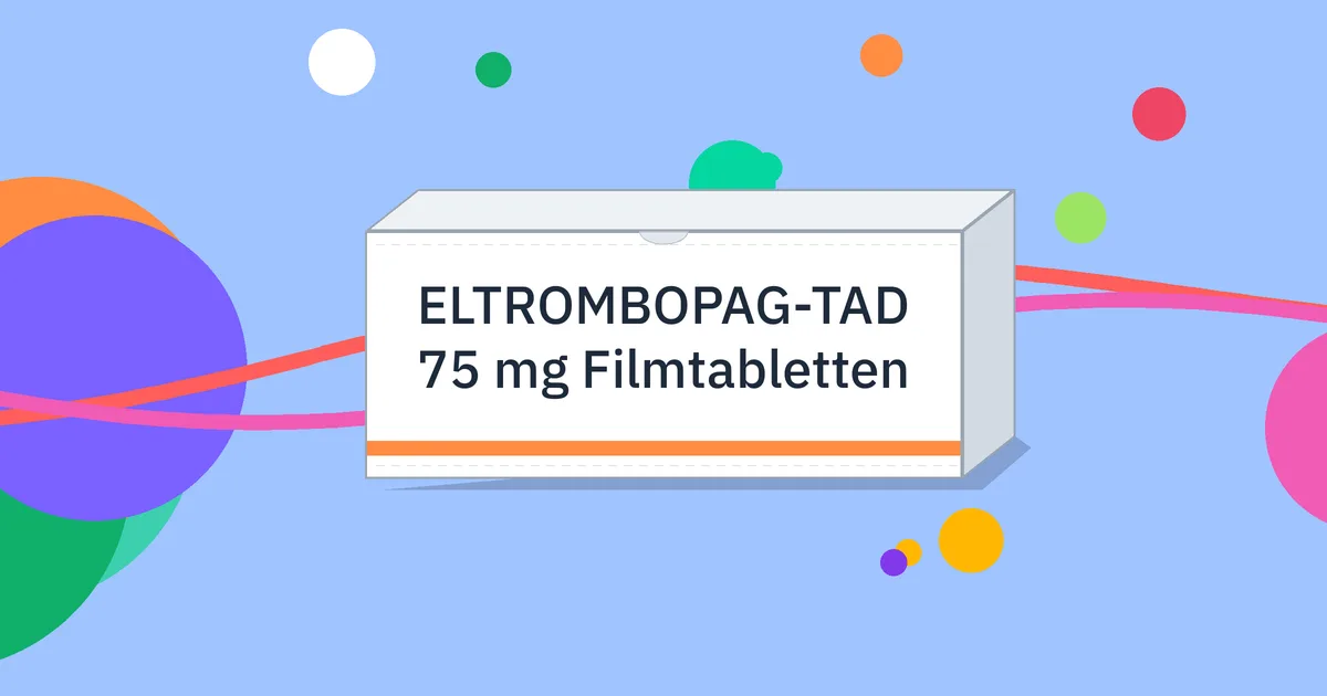 Symbolbild: Packung mit der Aufschrift ELTROMBOPAG-TAD 75 mg Filmtabletten (PZN 19878923) – Verfügbarkeit und Bezug in Apotheken in Frankfurt am Main