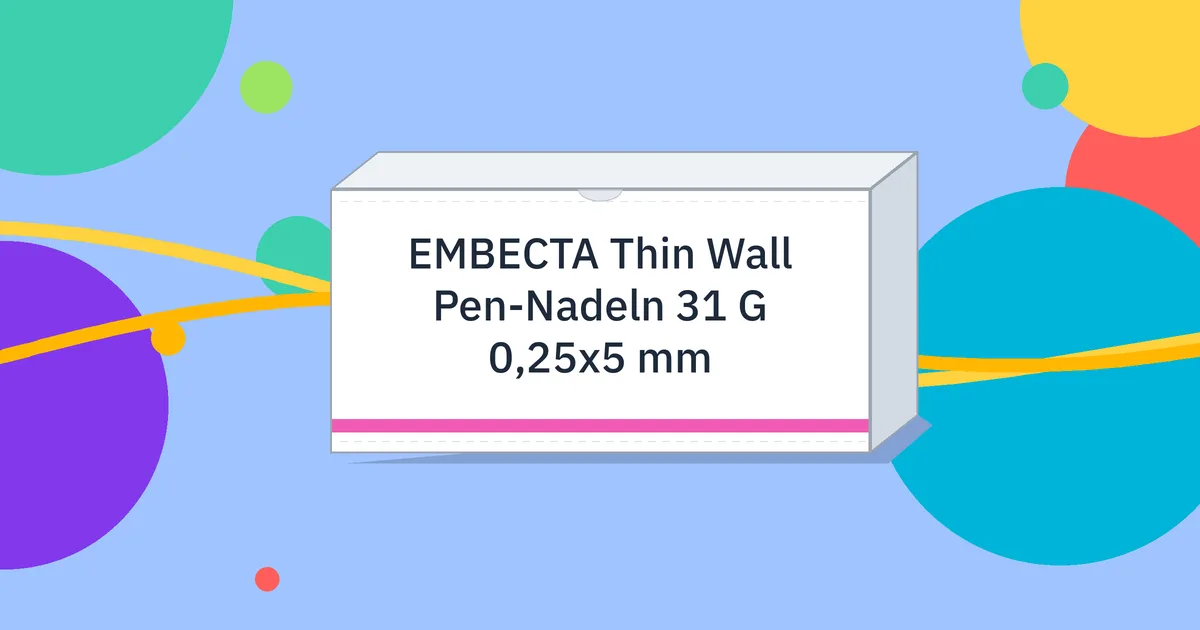 Symbolbild: Packung mit der Aufschrift EMBECTA Thin Wall Pen-Nadeln 31 G 0,25x5 mm (PZN 20651917) – Verfügbarkeit und Bezug in Apotheken in Frankfurt am Main