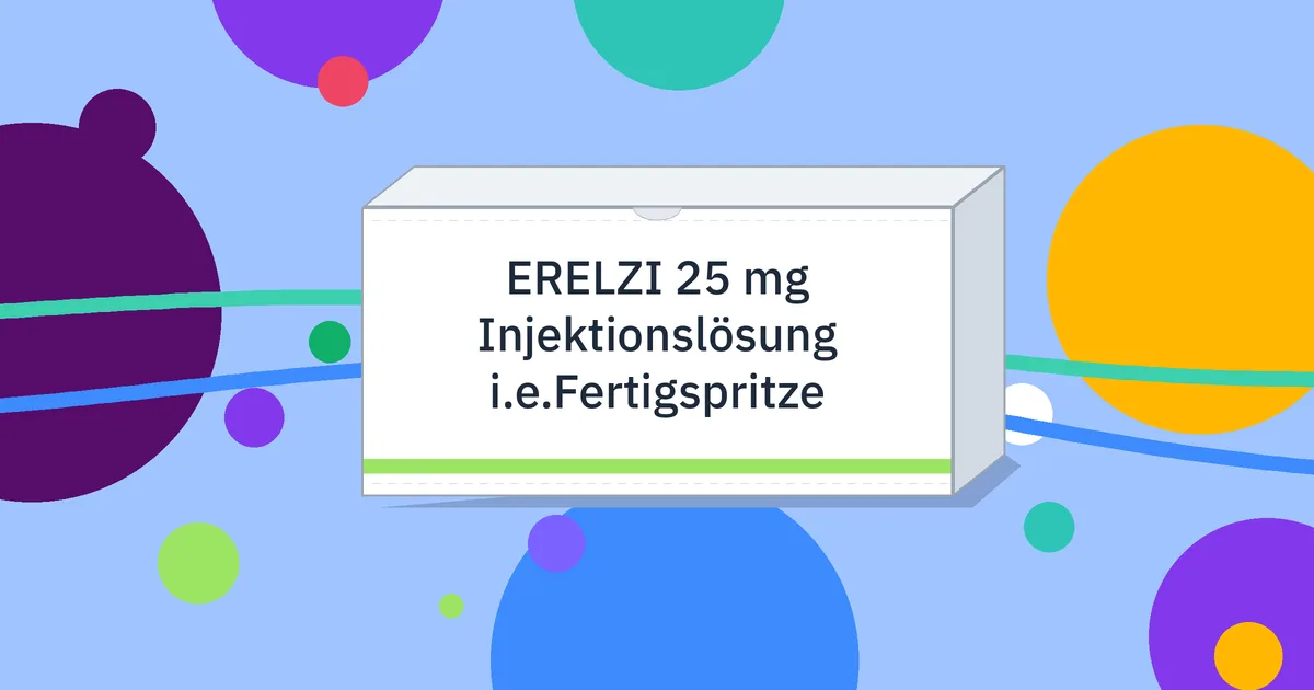 Symbolbild: Packung mit der Aufschrift ERELZI 25 mg Injektionslösung i.e.Fertigspritze (PZN 19627664) – Verfügbarkeit und Bezug in Apotheken in Frankfurt am Main