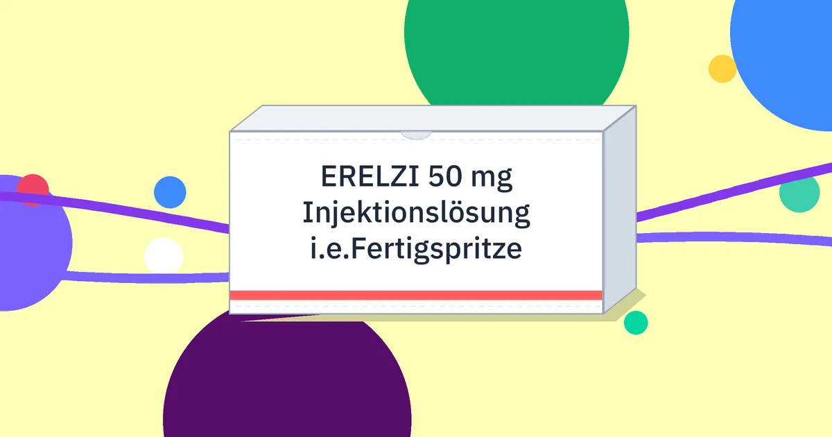 Symbolbild: Packung mit der Aufschrift ERELZI 50 mg Injektionslösung i.e.Fertigspritze (PZN 14137369) – Verfügbarkeit und Bezug in Apotheken in Frankfurt am Main
