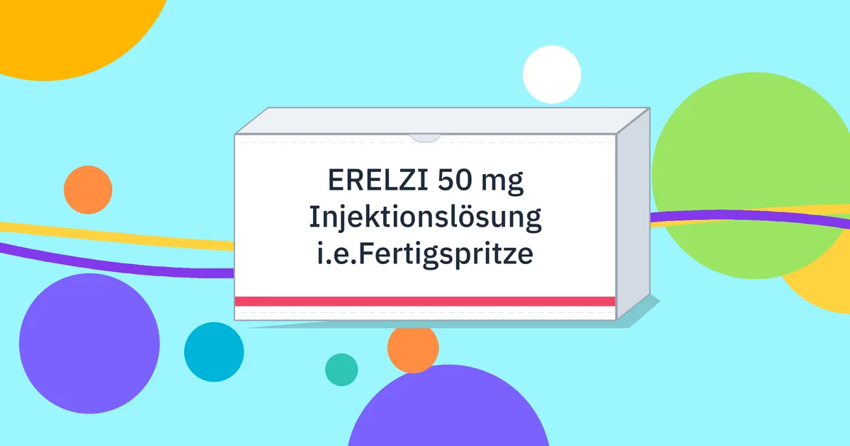 Symbolbild: Packung mit der Aufschrift ERELZI 50 mg Injektionslösung i.e.Fertigspritze (PZN 14137375) – Verfügbarkeit und Bezug in Apotheken in Frankfurt am Main