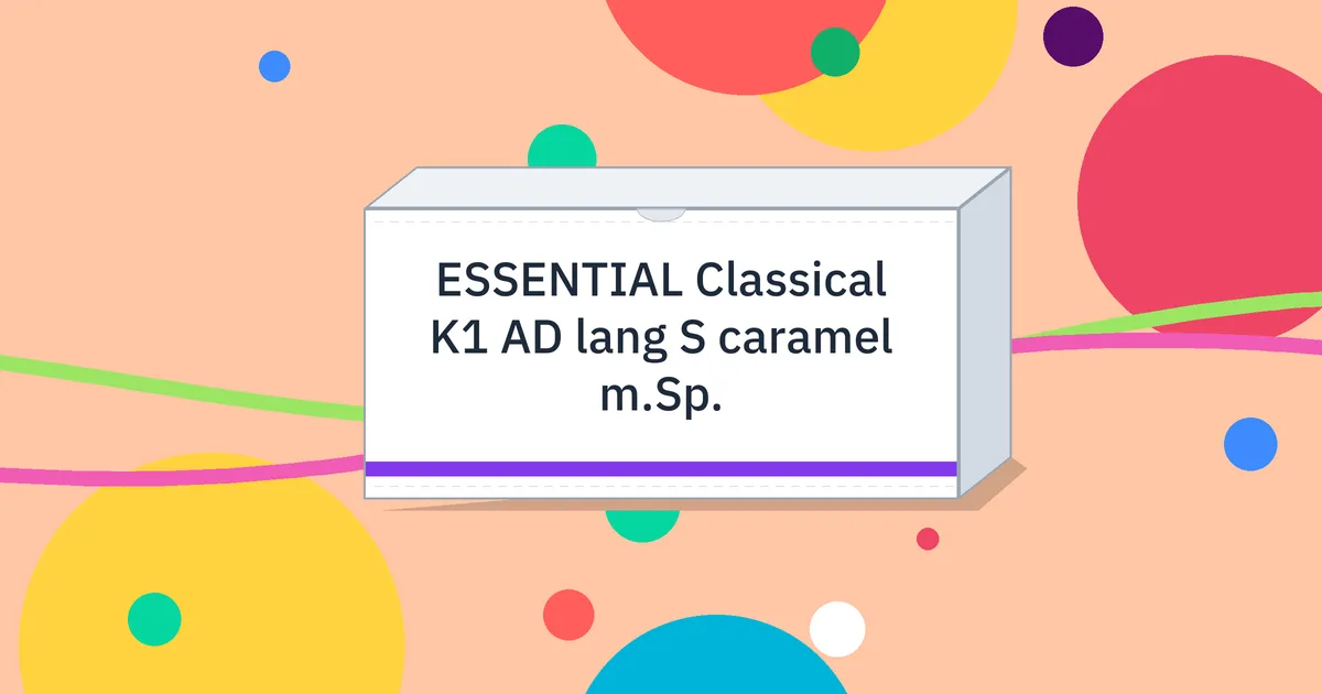 Symbolbild: Packung mit der Aufschrift ESSENTIAL Classical K1 AD lang S caramel m.Sp. (PZN 17008595) – Verfügbarkeit und Bezug in Apotheken in Frankfurt am Main