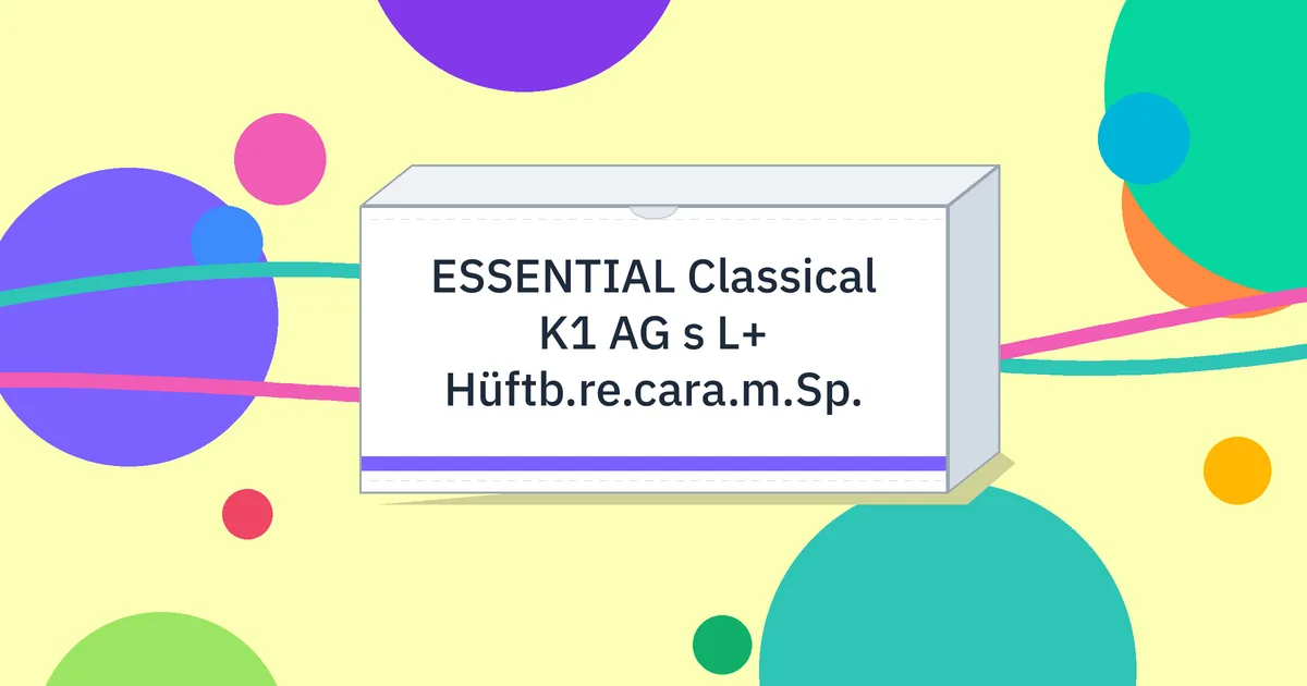 Symbolbild: Packung mit der Aufschrift ESSENTIAL Classical K1 AG s L+ Hüftb.re.cara.m.Sp. (PZN 17011901) – Verfügbarkeit und Bezug in Apotheken in Frankfurt am Main