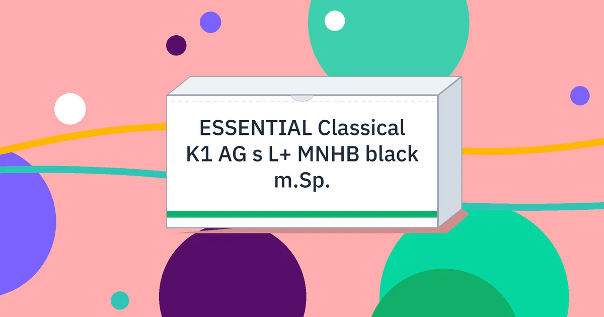 Symbolbild: Packung mit der Aufschrift ESSENTIAL Classical K1 AG s L+ MNHB black m.Sp. (PZN 19321273) – Verfügbarkeit und Bezug in Apotheken in Frankfurt am Main
