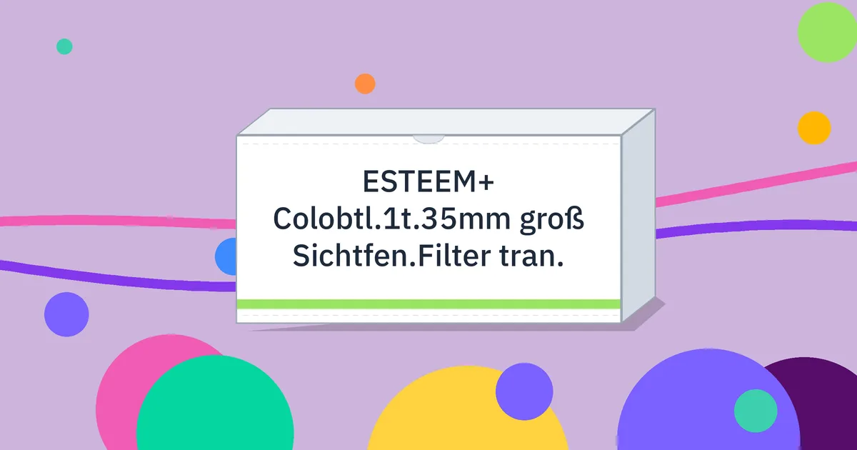 Symbolbild: Packung mit der Aufschrift ESTEEM+ Colobtl.1t.35mm groß Sichtfen.Filter tran. (PZN 13233214) – Verfügbarkeit und Bezug in Apotheken in Frankfurt am Main