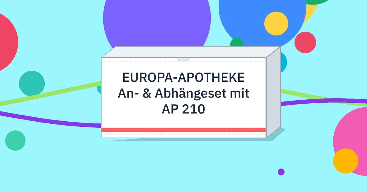 Symbolbild: Packung mit der Aufschrift EUROPA-APOTHEKE An- & Abhängeset mit AP 210 (PZN 19288854) – Verfügbarkeit und Bezug in Apotheken in Frankfurt am Main