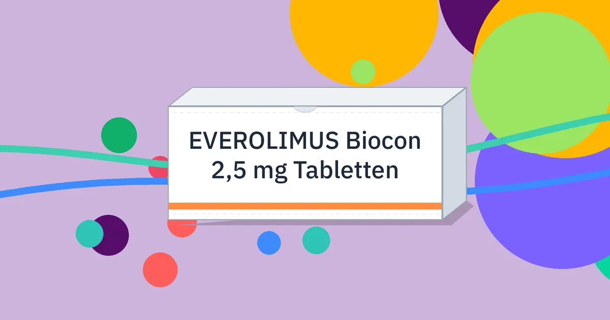 Symbolbild: Packung mit der Aufschrift EVEROLIMUS Biocon 2,5 mg Tabletten (PZN 17973818) – Verfügbarkeit und Bezug in Apotheken in Frankfurt am Main