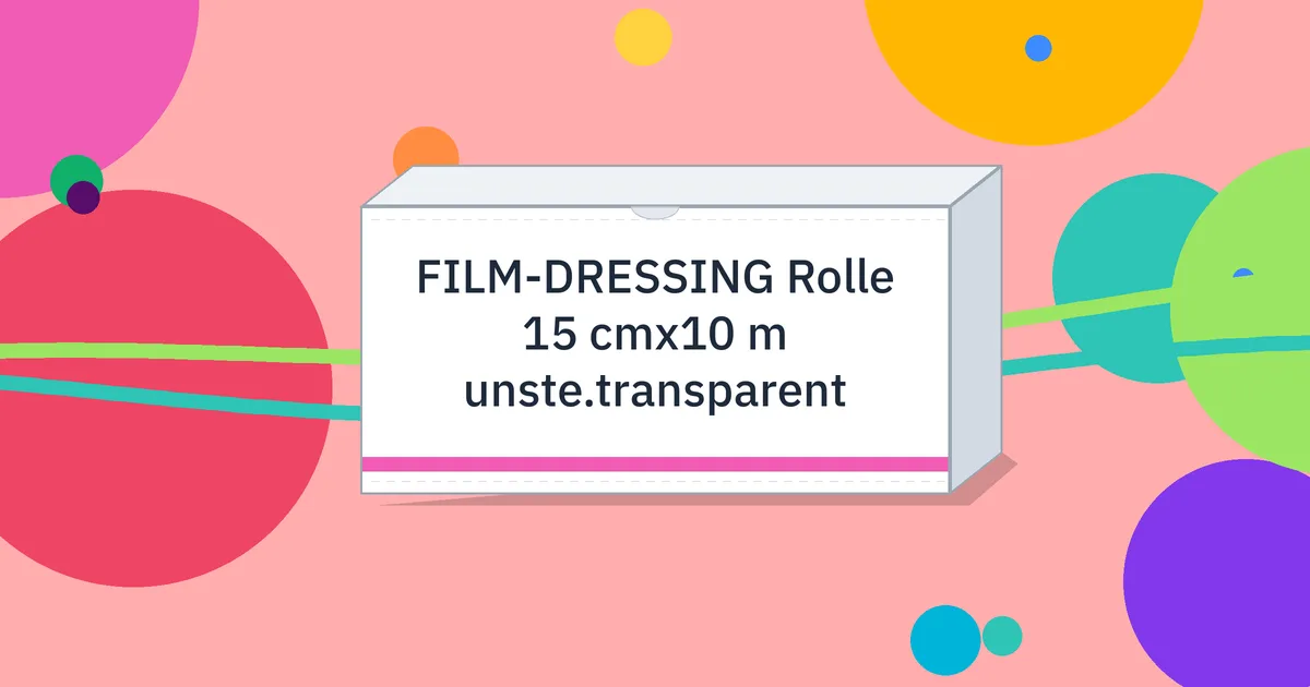 Symbolbild: Packung mit der Aufschrift FILM-DRESSING Rolle 15 cmx10 m unste.transparent (PZN 19508899) – Verfügbarkeit und Bezug in Apotheken in Frankfurt am Main