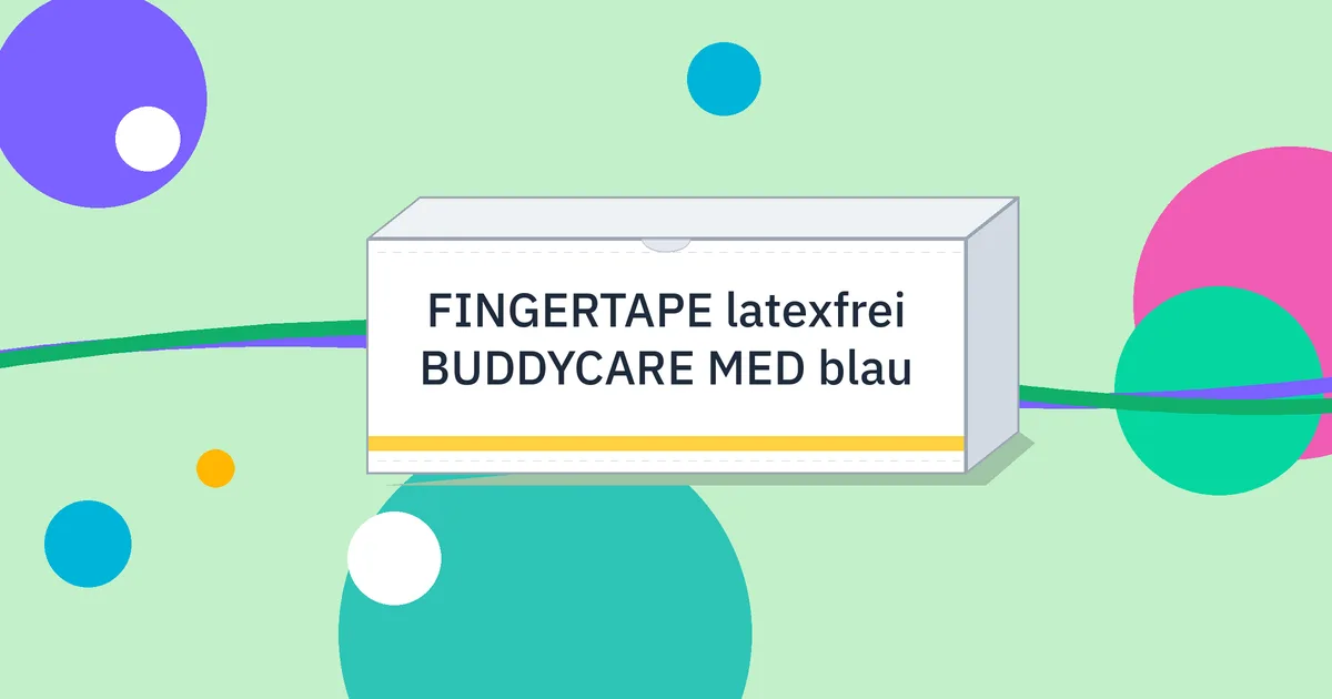 Symbolbild: Packung mit der Aufschrift FINGERTAPE latexfrei BUDDYCARE MED blau (PZN 13925047) – Verfügbarkeit und Bezug in Apotheken in Frankfurt am Main