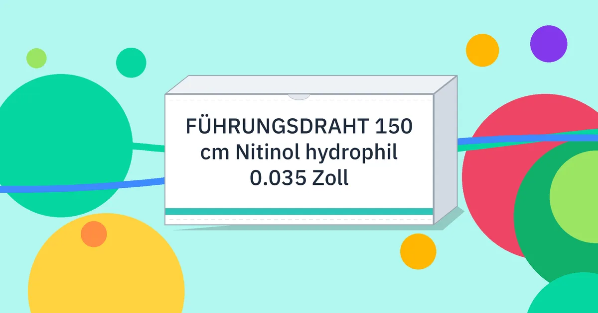 Symbolbild: Packung mit der Aufschrift FÜHRUNGSDRAHT 150 cm Nitinol hydrophil 0.035 Zoll (PZN 12424840) – Verfügbarkeit und Bezug in Apotheken in Frankfurt am Main
