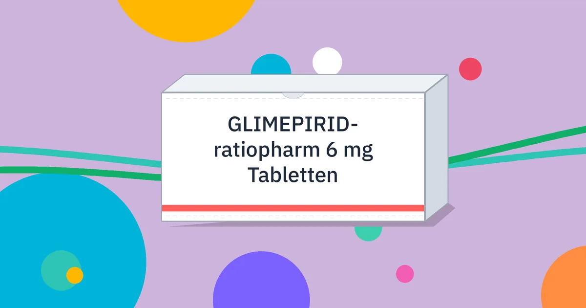 Symbolbild: Packung mit der Aufschrift GLIMEPIRID-ratiopharm 6 mg Tabletten (PZN 01054920) – Verfügbarkeit und Bezug in Apotheken in Frankfurt am Main