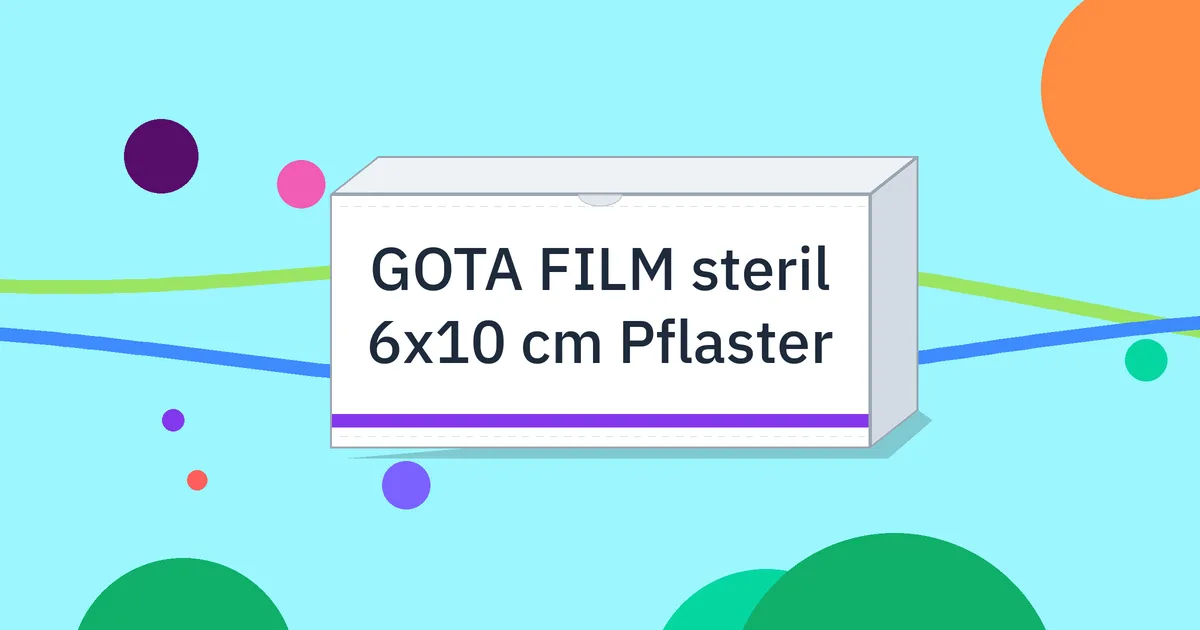 Symbolbild: Packung mit der Aufschrift GOTA FILM steril 6x10 cm Pflaster (PZN 04442516) – Verfügbarkeit und Bezug in Apotheken in Frankfurt am Main