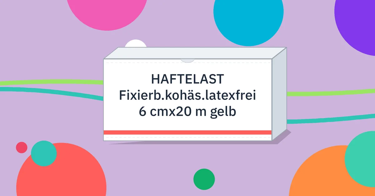 Symbolbild: Packung mit der Aufschrift HAFTELAST Fixierb.kohäs.latexfrei 6 cmx20 m gelb (PZN 08817350) – Verfügbarkeit und Bezug in Apotheken in Frankfurt am Main