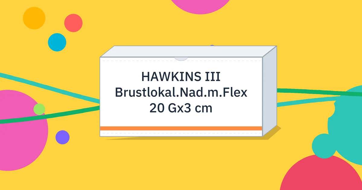 Symbolbild: Packung mit der Aufschrift HAWKINS III Brustlokal.Nad.m.Flex 20 Gx3 cm (PZN 06772258) – Verfügbarkeit und Bezug in Apotheken in Frankfurt am Main