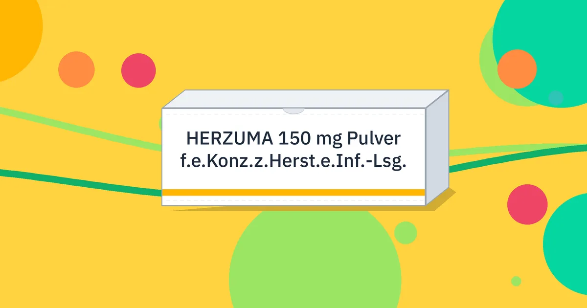 Symbolbild: Packung mit der Aufschrift HERZUMA 150 mg Pulver f.e.Konz.z.Herst.e.Inf.-Lsg. (PZN 14299528) – Verfügbarkeit und Bezug in Apotheken in Frankfurt am Main