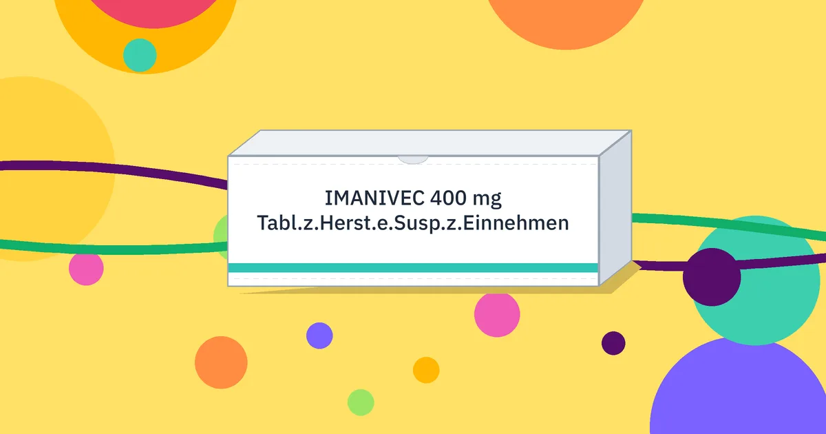 Symbolbild: Packung mit der Aufschrift IMANIVEC 400 mg Tabl.z.Herst.e.Susp.z.Einnehmen (PZN 13880623) – Verfügbarkeit und Bezug in Apotheken in Frankfurt am Main