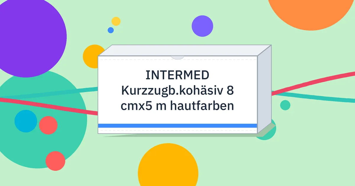 Symbolbild: Packung mit der Aufschrift INTERMED Kurzzugb.kohäsiv 8 cmx5 m hautfarben (PZN 10944498) – Verfügbarkeit und Bezug in Apotheken in Frankfurt am Main
