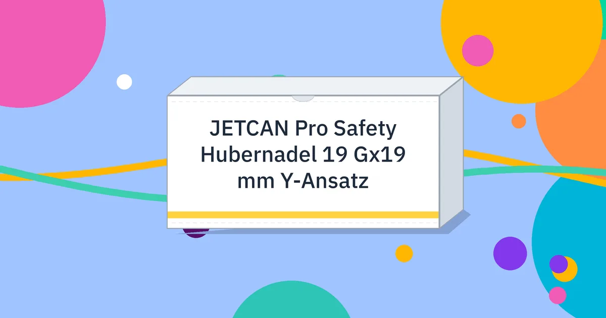 Symbolbild: Packung mit der Aufschrift JETCAN Pro Safety Hubernadel 19 Gx19 mm Y-Ansatz (PZN 19238767) – Verfügbarkeit und Bezug in Apotheken in Frankfurt am Main